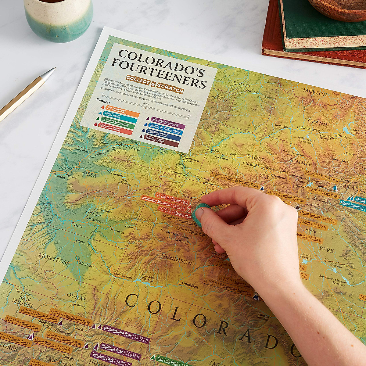 Scratch Off Colorado Fourteeners Map Poster - 14ers Mountain Peaks - Ideal Bucket list Gift for Climbers - 22 x 17