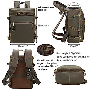Masa Kawa Vintage Full Grain Leather Backpack for Men Fits 15.6 Inch Laptop Brown Travel Rucksack Bag Casual Daypack