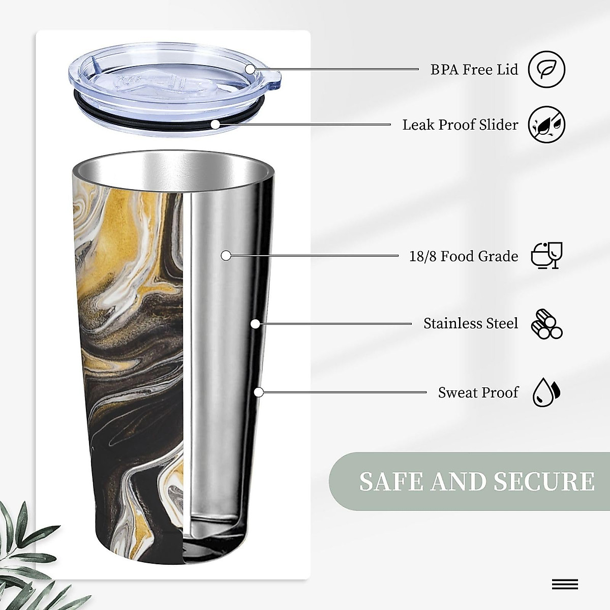 Black and Gold Swirl liquid ink marble 20oz Tumbler Stainless Steel Vacuum Insulated Double Wall Travel Tumbler, Durable Insulated Coffee Mug, Thermal Cup With Lid and Straw for Hot & Cold Drinks