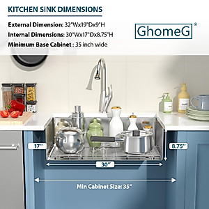 32x19 Undermount Kitchen Sink - GhomeG 32 Inch Deep Single Bowl kitchen sink 16 Gauge Stainless Steel Under Counter Kitchen Sink Basin With R10 Round Corners