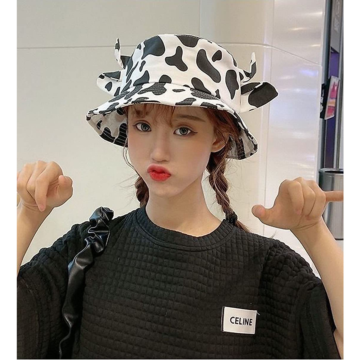 Skyearman Unisex Cow Bucket Hat with Cute Horn Ears Cow Print Summer Hat Fisherman's Hat Print Sun Cap for Women with Uv Protection (Cow Black),onesize