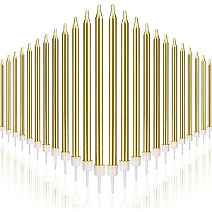 URAQT Birthday Candles, 24 Pcs Metallic Birthday Cake Candles in Holders, 5.1 inch Long Thin Golden Candles Cupcake Candles for Birthday Wedding Baby Shower Party Decoration