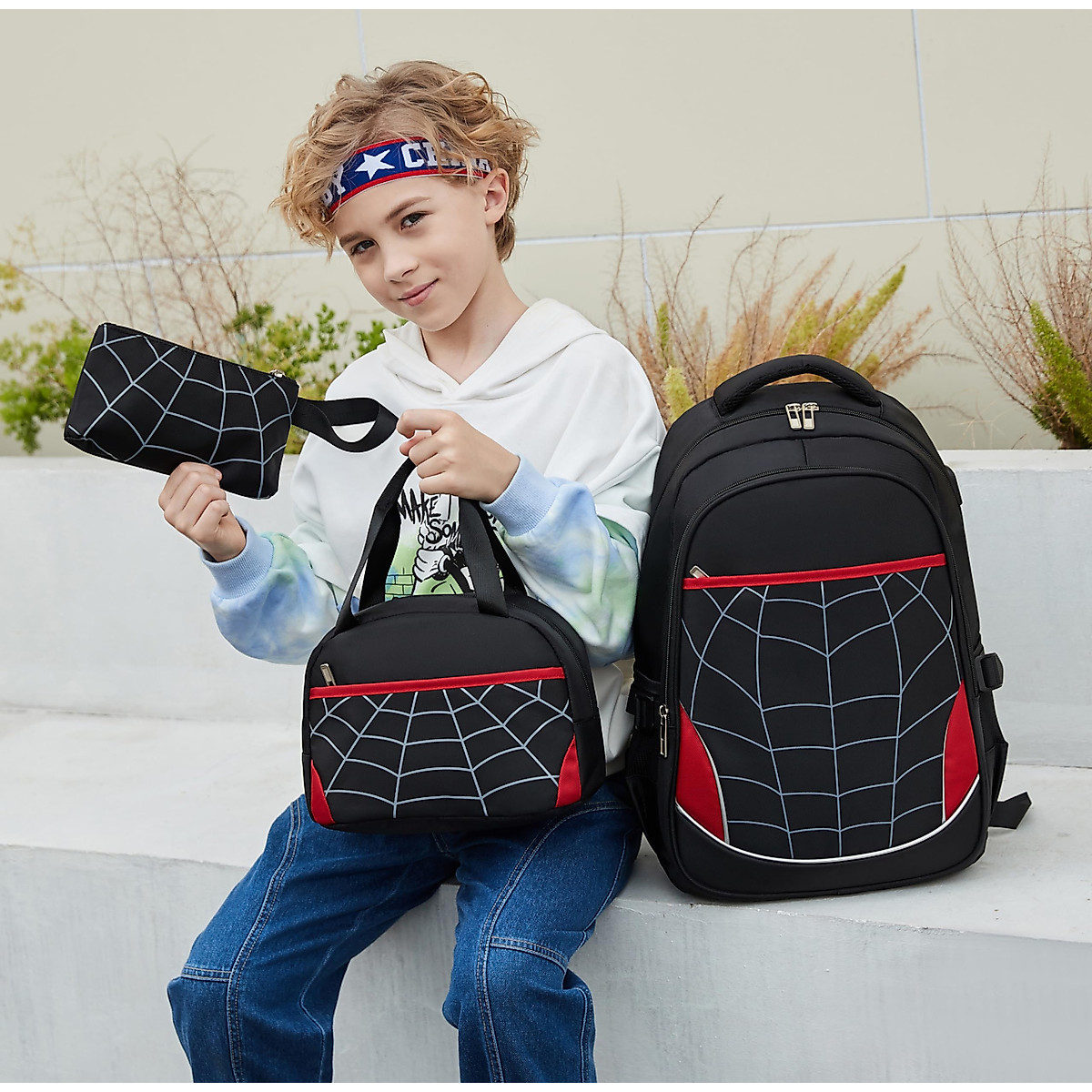 Gikizzi Boys School Backpack for Boys Backpack with Lunch Box Anime Backpack School Bag Bookbag Backpack Set for Boy Girls (Black)