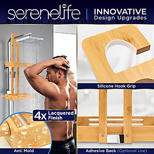 SereneLife Bamboo Hanging Shower Caddy with 2 Tiers, Anti-Slip Design for Bathroom Essentials, Self-Draining Shelves for Easy Organization