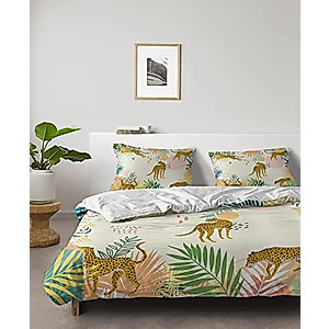 Leopard Watercolor Tropical Plant Duvet Cover Sets 4 Piece Queen Ultra Soft Bed Quilt Cover Set for Kids/Teens/Women/Men,Palm Tree Monstera Bedding Collection All Season Use