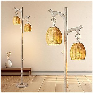 65" High Farmhouse Rustic Country Cottage Floor Lamp Tree Trunk Faux Wood Column White Washed Wicker Drum Shade Decor for Living Room Bedroom Reading Room