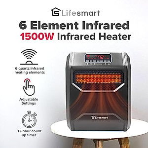 LifeSmart LifePro 1500 Watt High Power 3 Mode Programmable Space Heater with 6 Quartz Infrared Element, Remote, and Digital Display, Black