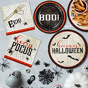 ECOHOLA Wicked Webs Halloween Dinnerware Party Supplies, 9.2" Paper Dinner Plates, 7" Paper Dessert Plates, 6.5" Napkins, Bats Spiders Skeleton Hand Hocus Pocus Halloween Decoration Set Serves 50