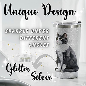 Onebttl Tuxedo Cat Gifts for Tuxedo Cat Lovers, 20 oz Insulated Stainless Steel Tumblers with Lids and Straws, Tuxedo Cat gifts for Birthday Christmas, Glitter Silver