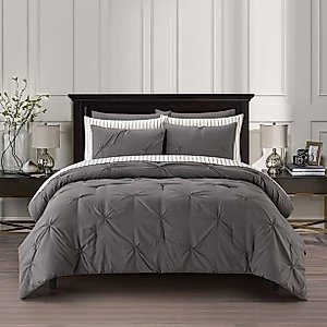 SHARPER IMAGE 9-Piece Grey Down Alternative Pintuck Bed in a Bag Set, Queen