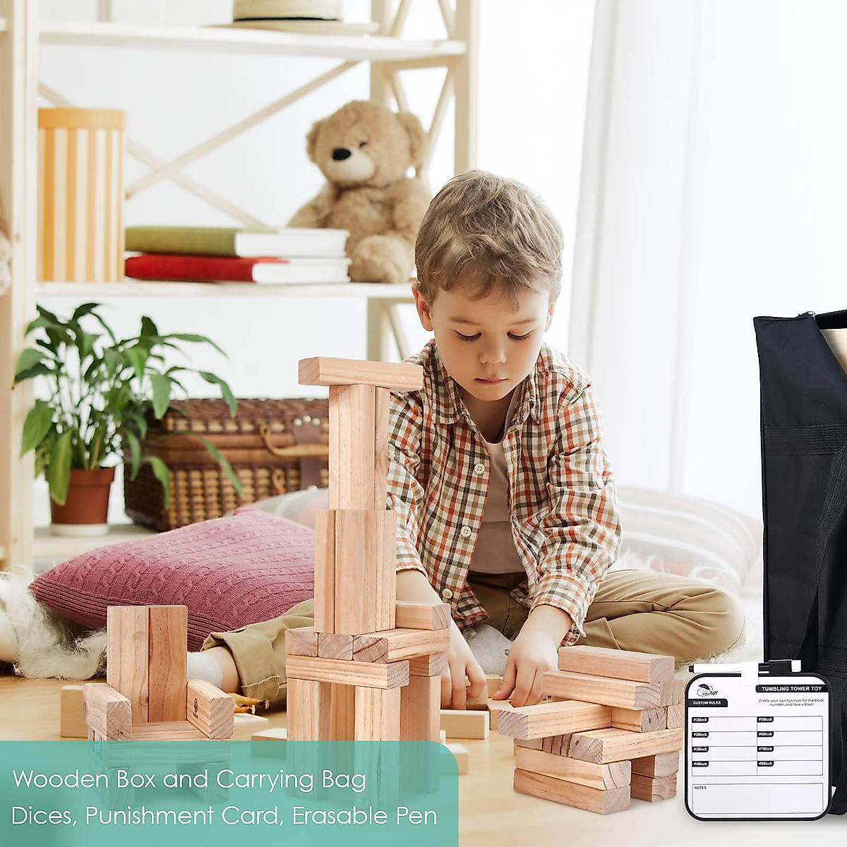 CELETOY Giant Tower Game with 3-in-1 Straightener, Quick Set-up Block Wooden Tower Game Set with Carrying Bag, Table & Storage Box - Starts at 2-4ft - Grows to Over 6ft, Lawn Games Backyard Outdoor