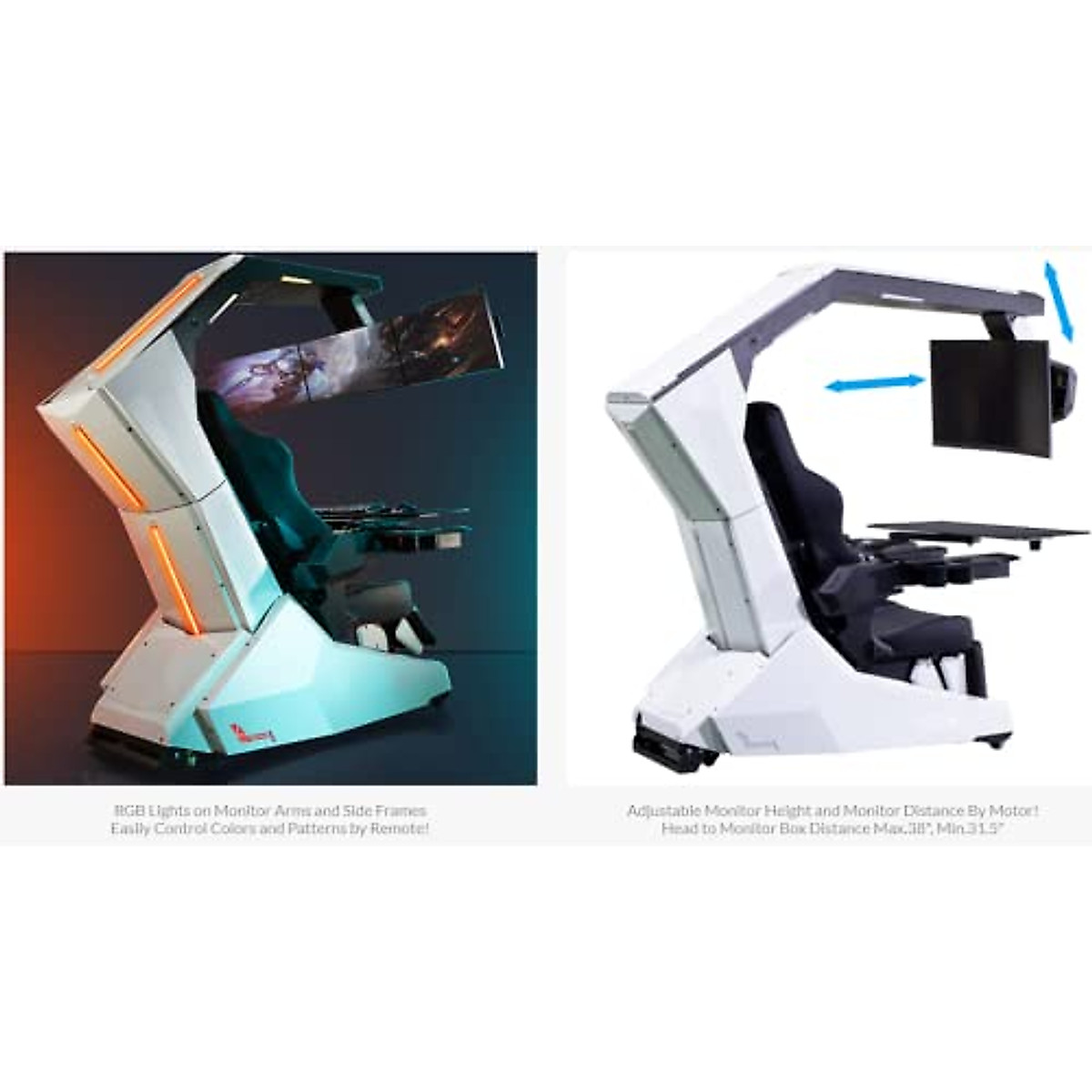 Imperatorworks R1 Pro White Computer Workstation with Massage PU Racing Gaming Chair and Speakers and Support 3 Monitors Zero Gravity Cockpit