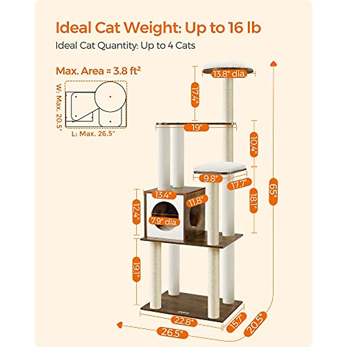 Feandrea WoodyWonders Cat Tree, 65-Inch Modern Cat Tower for Indoor Cats, Multi-Level Cat Condo with 5 Scratching Posts, Perch, Washable Removable Cushions, Cat Furniture, Rustic Brown UPCT166X01