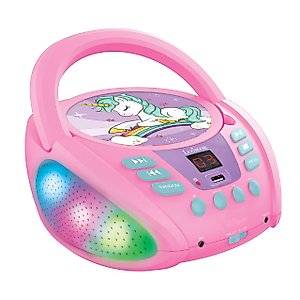 Lexibook Unicorn - Bluetooth CD Player for Kids – Portable, Multicoloured Light Effects, Microphone Jack, Aux-in Jack, AC or Battery-Operated, Girls, Boys, Pink, RCD109UNI