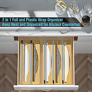 DNTGVUP Office Tape Dispensers - 2 in 1 Foil and Plastic Wrap Organizer with Cutter and Label, Plastic Wrap, Aluminum Foil Paper Dispenser for Kitchen Drawer, Organizer Holder Compatible with 12" Roll