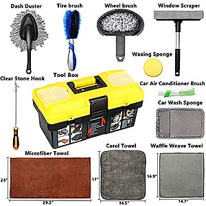 MOFEEZ Car Wash Cleaning Tools Kit Car Detailing Set with Absorbent Towels Dash Duster Tire Wheel Brushes Window Squeegee Air Conditioner Brush Waxing Sponge (15pcs)