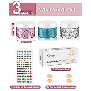 Creamify Face Body Glitter Gel - 3 Colors Pink and Silver Chunky Glitter Gel & Blue Fine Glitter Gel with Gems Sticker, Rave Accessories Hair Glitter Body Shimmer, Less Gel & Quick Dry, 65g
