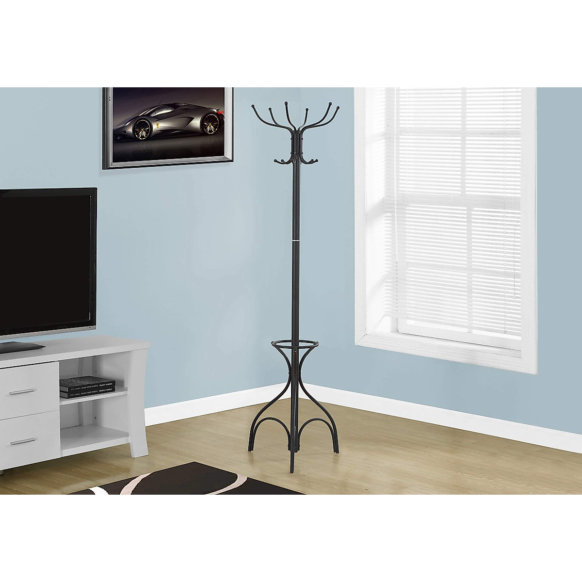 Monarch Specialties 2031, Hall Tree, Free Standing, 12 Hooks, Entryway, Umbrella Holder, Bedroom, Metal, Black, Transitional Coat Rack, 18" L x 18" W x 70" H
