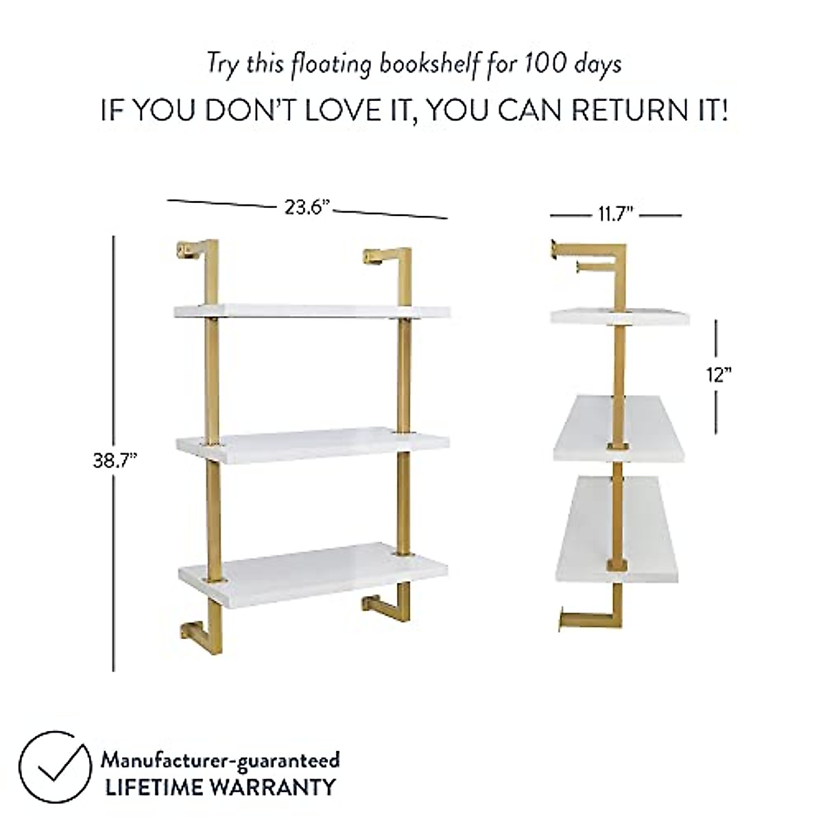 Nathan James Theo 3-Shelf Small Bookcase, Floating Wall Mount Bookshelf with Wood and Industrial Pipe/Metal Frame, White/Brass Gold