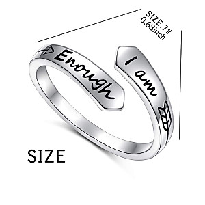 FLYOW Inspirational Rings Adjustable 925 Sterling Silver Spiral Wrap Twist Ring Encouragement Jewelry for Women (I am Enough)