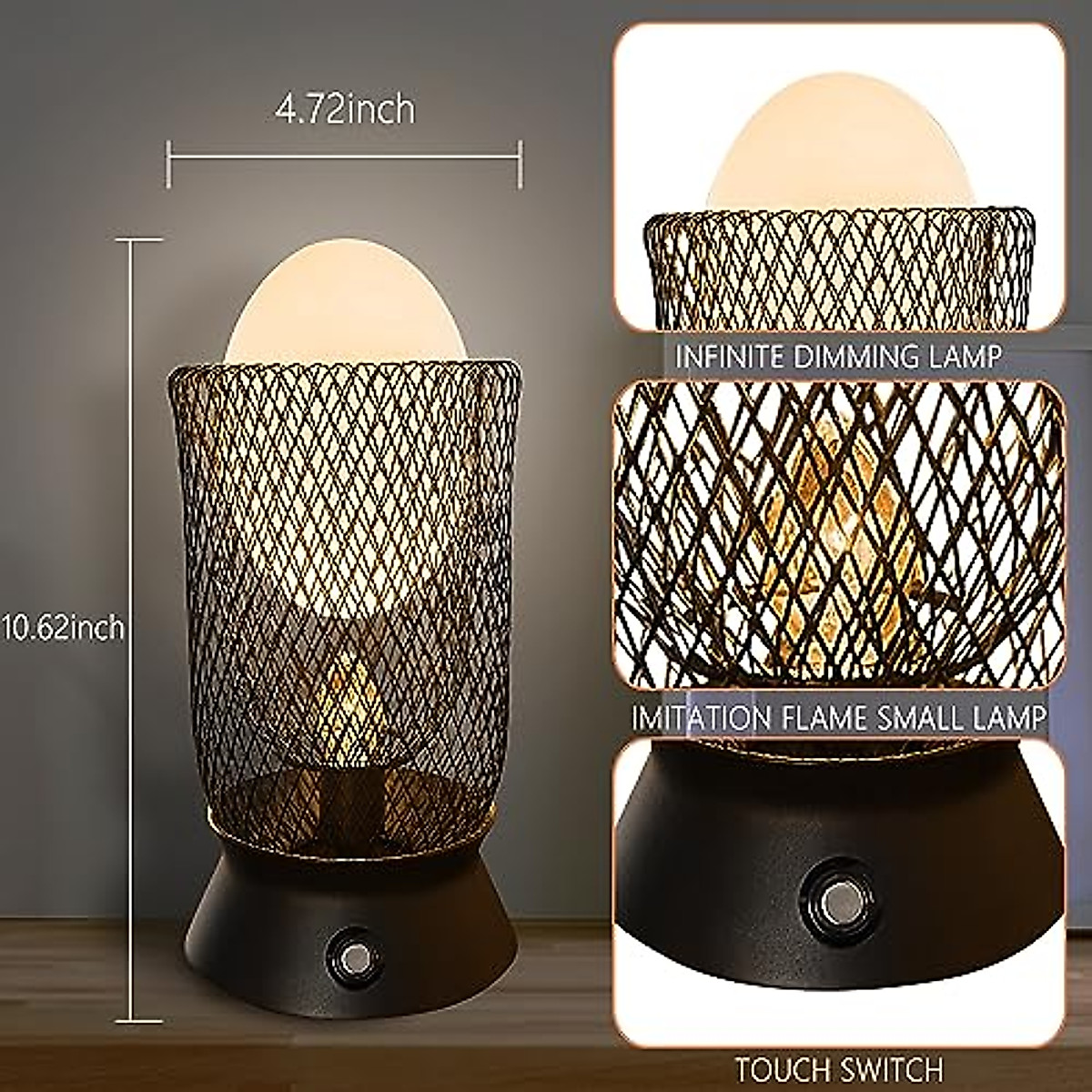 38°GARDEN LED Flame Table Lamp Battery Operated Rechargeable Ambience Lantern Metal Cage with Flickers Warm Light Touch Dimmable Bedside Lamp Cordless Nightlight Decor for Patio Porch Home Gift