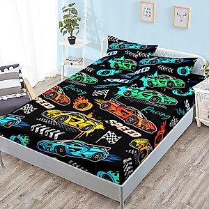 HOSIMA Child's Cartoon Sports Car Fitted Sheet 3Piece Set with 2 Pillowcases,Racing Car Bedding for Boys and Girls,Fast and Furious Extreme Sport Games Fitted Sheet,Black Twin Fitted Sheet Set.