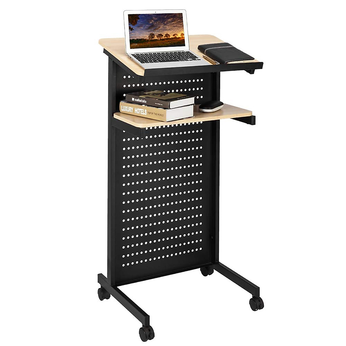 Bonnlo Mobile Wheeled Lectern Standing Podium, Portable Lecture Speech Teach Platform for Classroom Church or Ceremony, Multi-Function Reading or Laptop Desk, Table w/Tilted Top Board & Edge Stopper