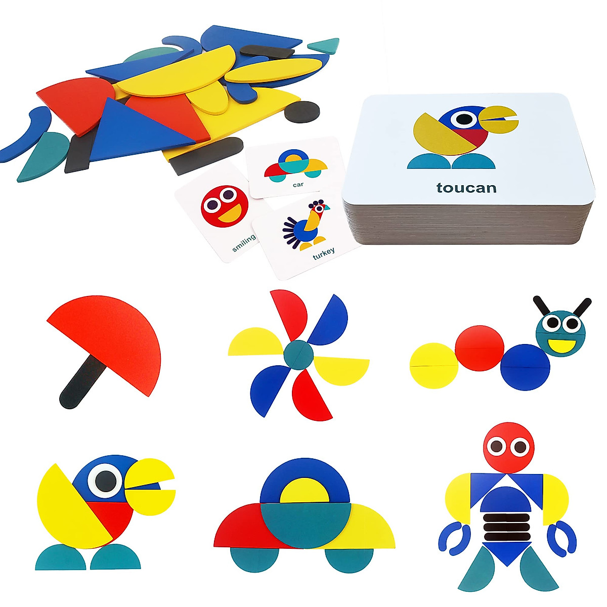 FLYINGSEEDS Wooden Pattern Blocks Animals Jigsaw Puzzle Sorting and Stacking Games Montessori Educational Toys for Toddlers Kids Aged 3+ Years Old (36 Shape Pieces & 60 Design Cards)