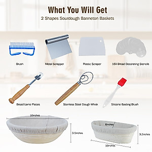 Yebicola Set of 2 Sourdough Banneton Basket, 10 Inch Round & Oval Proofing Baskets for Bread Baking with Bread Lame Dough Scraper Whisk, Sourdough Starter Kit for Home Kitchen Sourdough Bread Making