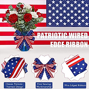 20 Yards 2 Rolls Stars and Stripes Wired Edge Ribbon Independence Day Red White and Blue Ribbon Patriotic American Flag Ribbon 4th of July Satin Ribbon for Memorial Day Party DIY Decor, 2 Inch Wide