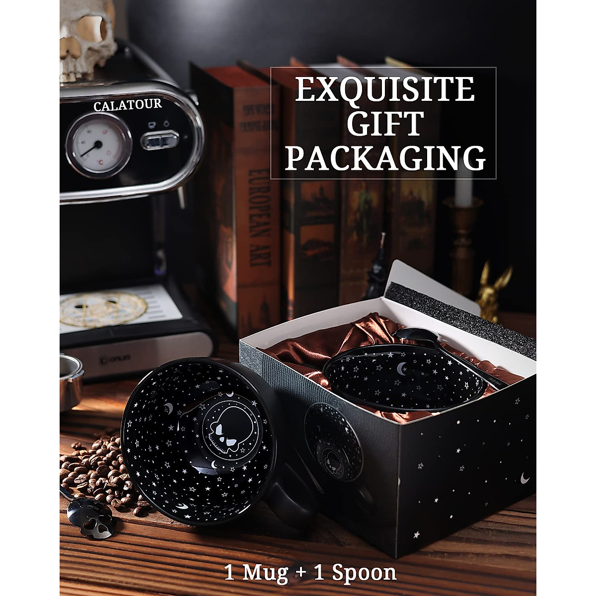 CALATOUR Large Coffee Mug Goth Decor With Midnight Skull,Gift Box Package,Cute Halloween Spooky Witch Gift,Cool Novelty Tea Cup,21oz/620ml Porcelain,1PCS