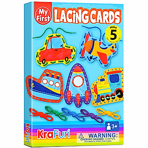KRAFUN Preschool Beginner First Lacing Card Kit for Kids Training Arts & Crafts, 5 Easy Transport and Cars Lacing Projects, Lacing Cards for Toddlers, Fine Motor Skills Toys
