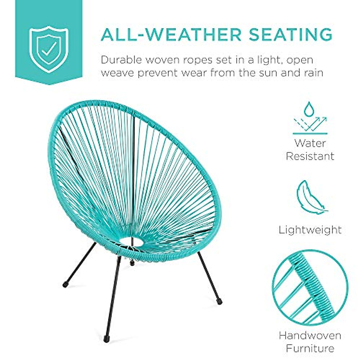 Best Choice Products 4-Piece All-Weather Acapulco Conversation Set, Outdoor Patio Furniture w/Loveseat, Woven Plastic Rope, Glass Top Table, 2 Chairs - Teal