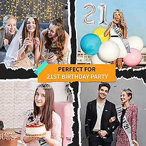 Sliver 21st Birthday Decorations For Her Including 21st Birthday Sash And Crown, 21st Birthday Balloon, Finally 21st Birthday Sash With Pearl Pin, Sweet 21st Birthday Candles, 21 Cake Topper For Her