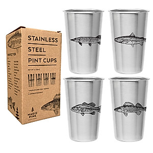 Freshwater Fish (Set of 4) Stainless Steel Pint Cups - Unique Gift for Guys - Tumblers for Home, Travel, Camping, Camper, Office, A Birthday Gift For Men - Durable Glasses or Mugs