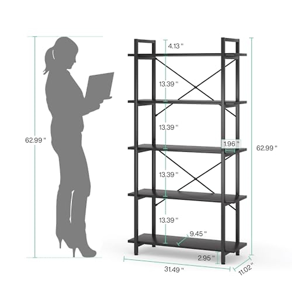 Tribesigns 5 Tier Black Bookshelf, Modern Etagere Bookcase with Metal Frame, Tall Book Shelf Unit for Living Room, Study, Home Office (2, Black)