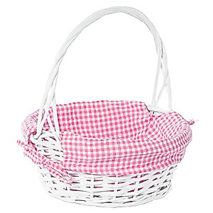 White Round Willow Gift Basket, with Pink Gingham Liner and Handle- Small