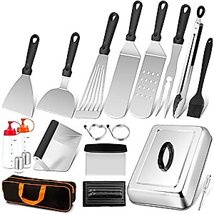 Joyfair 20Pcs Griddle Accessories Kit, Flattop Grill Tool Set with Rectangular Melting Dome, Professional Stainless Steel Spatulas Turners for Outdoor BBQ Teppanyaki Camping Cooking, Dishwasher Safe