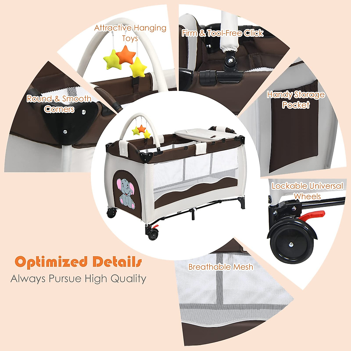 BABY JOY 4 in 1 Pack and Play, Portable Baby Playard with Bassinet, Changing Table w/Safety Belt, Zippered Door, Hanging Toys, Baby Bassinet & Cribs Activity Center from Newborn to Toddler