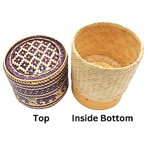 Bamboo Sticky Rice Serving Basket 5x6 Inch, Kratip, Intricately Woven Container, Round Shaped, Elephant Weave Pattern, Thailand Handmade, Dyed with Natural Based (Purple)