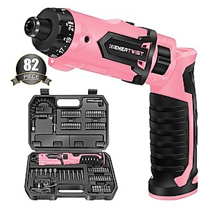 Enertwist Electric Screwdriver, 8V Max 10Nm Pink Cordless Screwdriver Rechargeable Set with 82 Accessory Kit and Charger in Carrying Case, 21+1 Cluth, Dual Position Handle, LED Light