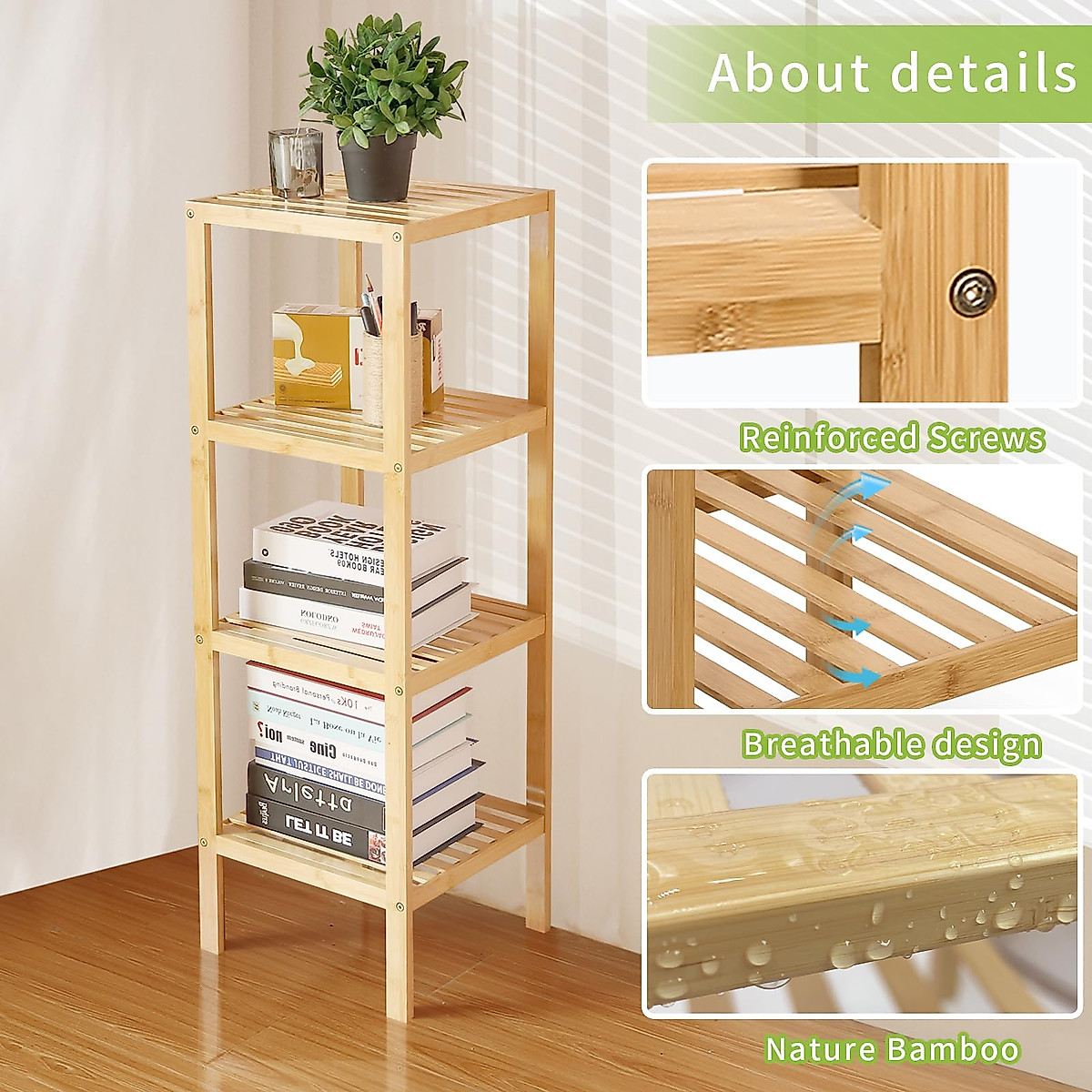 OUTREE 4-Tier Bamboo Shelf, Bamboo Bookshelf, Freestanding Storage Stand, Bathroom Storage Organizer for Living Room, Bedroom, Office, Bathroom, Study Room, Easy Assembly