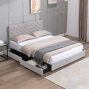 Mjkoen Bed Frame with Storage, Tufted Bed Frame with 4 Storage Drawers,King Size Upholstered Bed Frame with Adjustable Headboard for Bedroom Light Grey