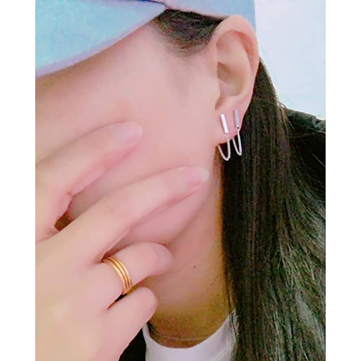 Reffeer 925 Sterling Silver Stud Earrings Minimalist Bar Earrings with Chain Dangle Earrings For Women (A-Silver)