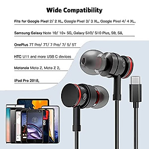 USB C Earbuds Headphones Bass Stereo Earphones with Microphone in Ear Earbud Headphone Bass with Mic and Volume Control USB Type C Compatible with Google Pixel 2/XL, Xiaomi, Huawei and More