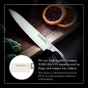 Hammer Stahl Serrated Utility Knife | German Forged High Carbon Steel Serrated Sandwich Knife | Petty Kitchen Knife with Ergonomic Quad-Tang Pakkawood Handle & Gift Box | 6-Inch Serrated Tomato Knife
