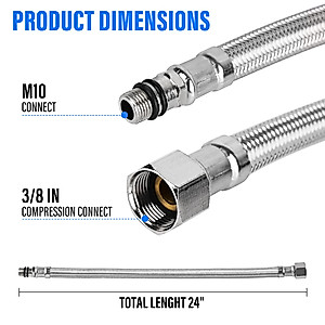 4 Pcs Bathroom Faucet Hose Connector Braided Supply Hose 3/8-Inch Female Compression x M10 Male Connector 304 Stainless Steel Kitchen Sink Faucet Connection (24 inch)