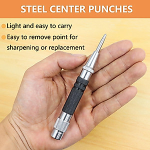 2-Piece Automatic Center Punch, 5 inch Spring Loaded Center Hole Punch with Adjustable Stroke Punch Tool for Metal Wood Glass Plastic, Metal Punch Tool for Woodworking