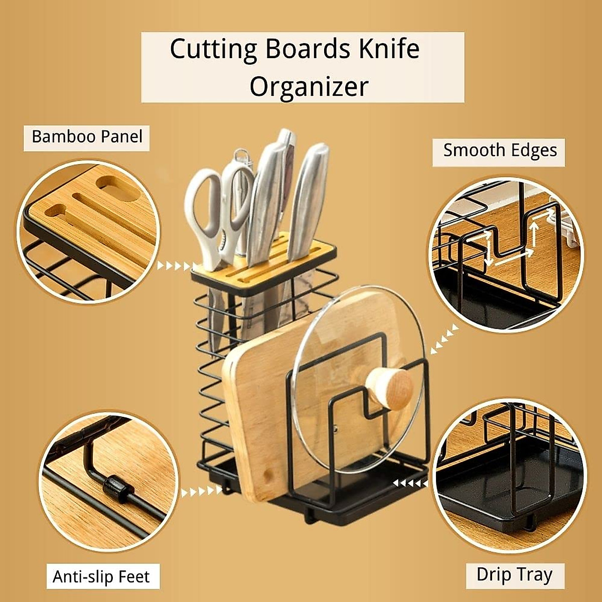 LINFIDITE Knife Block Holder Pot Lid Rack Cutting Board Organizer Holder Drying Rack with Draining Tray Kitchen Countertop Cabinet Pantry Bakeware Cookware Storage Stand Black