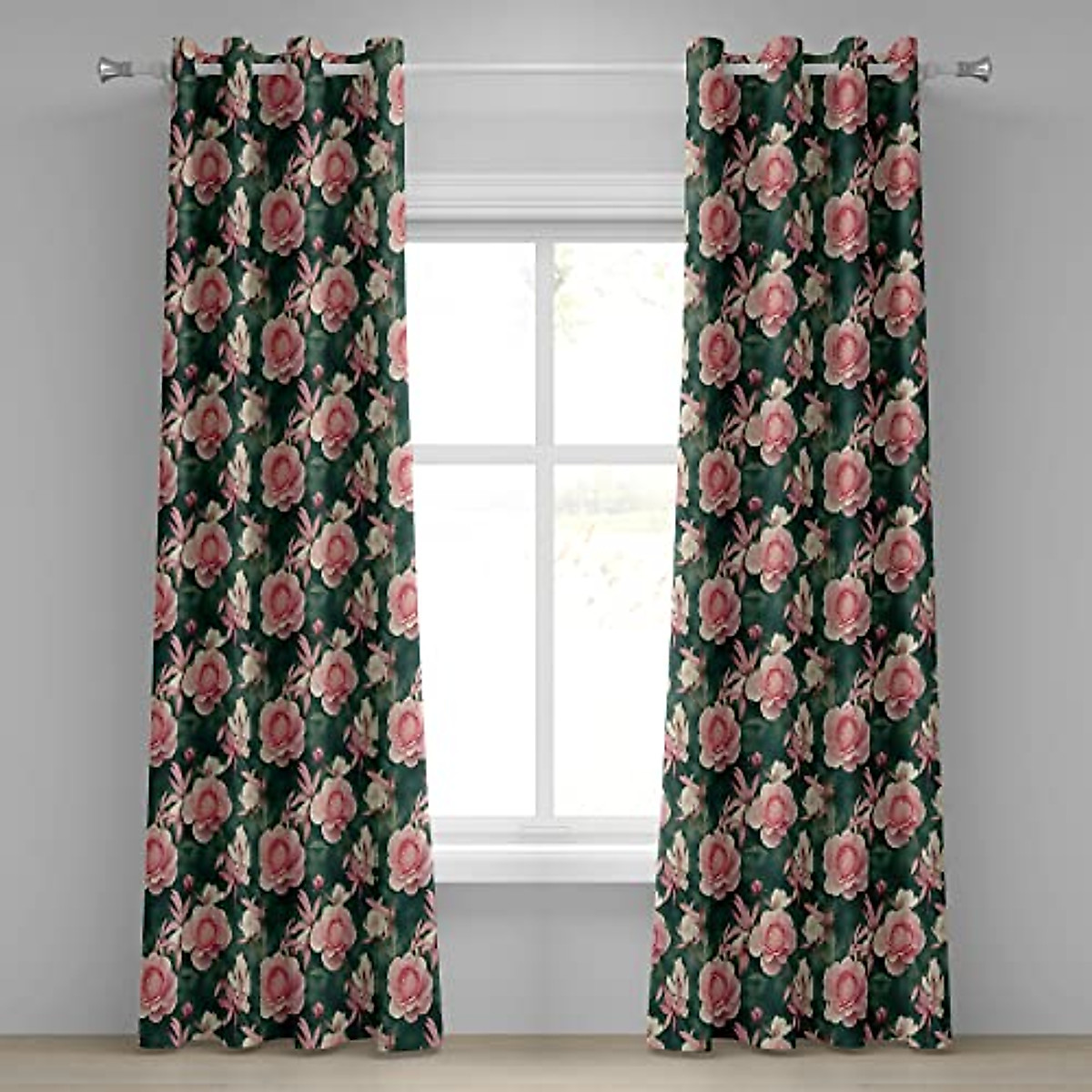Ambesonne Spring Grommet Curtain, Roses of Garden Blurred Backdrop Close Up Blossoming Romantic Artwork, Decorative Single Panel Drapes for Bedroom Living Room, 50" x 84", Hunter Green Pale Pink
